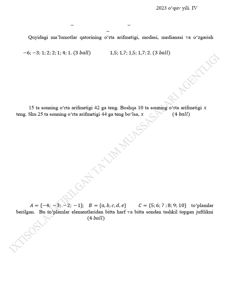 6 - Sinf Matematikadan 8 - BSB Savollari 2 - Variant. | PDF