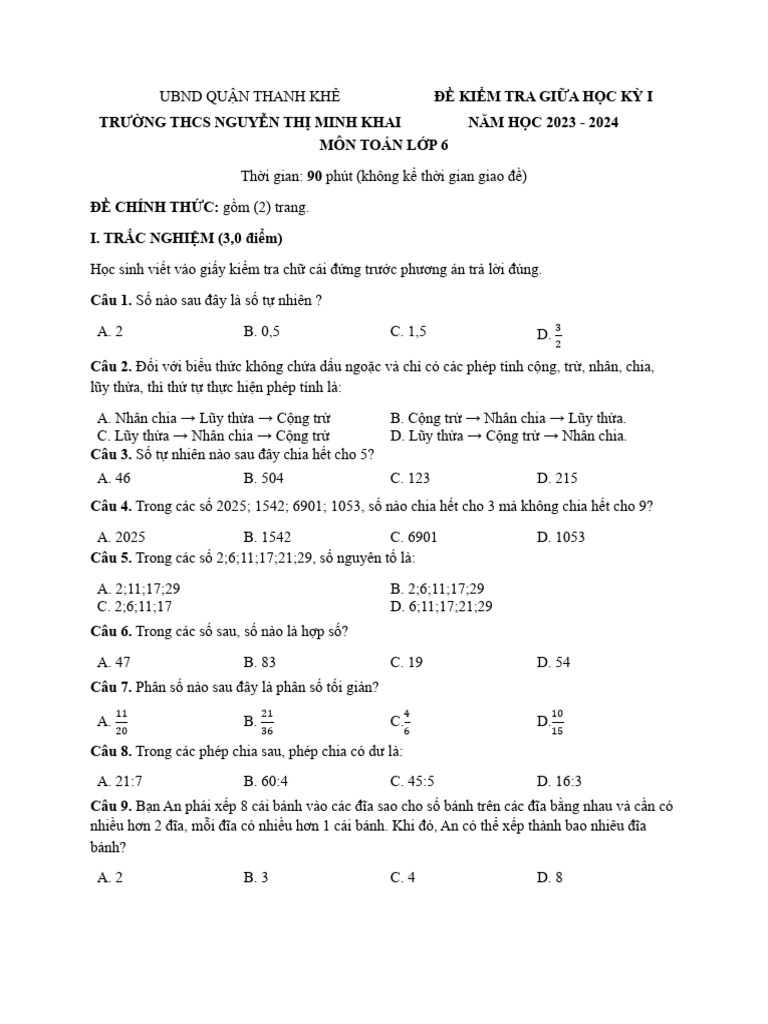 Đề gk1 lớp 6 | PDF