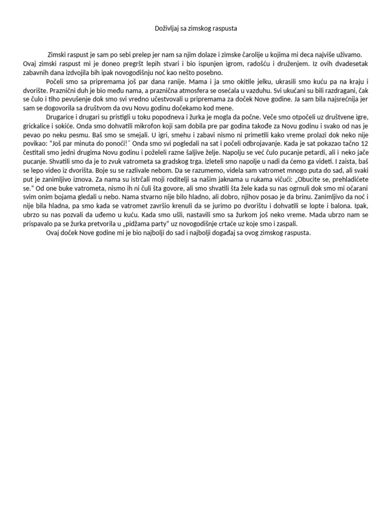 Doživljaj Sa Zimskog Raspusta | PDF