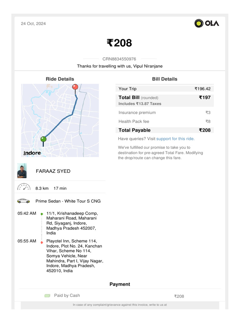 Ola Ride Invoice for Vipul Niranjane | PDF | Invoice | Payments