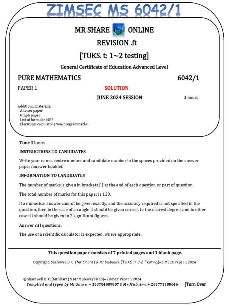 2024 Ms p1 June Pure Mathematics Zimsec Tuks and MR Share | PDF | Sequence | Mathematics