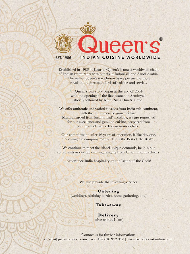 Queen's of India Kuta Nusa Dua Ubud MENU 2023 | PDF