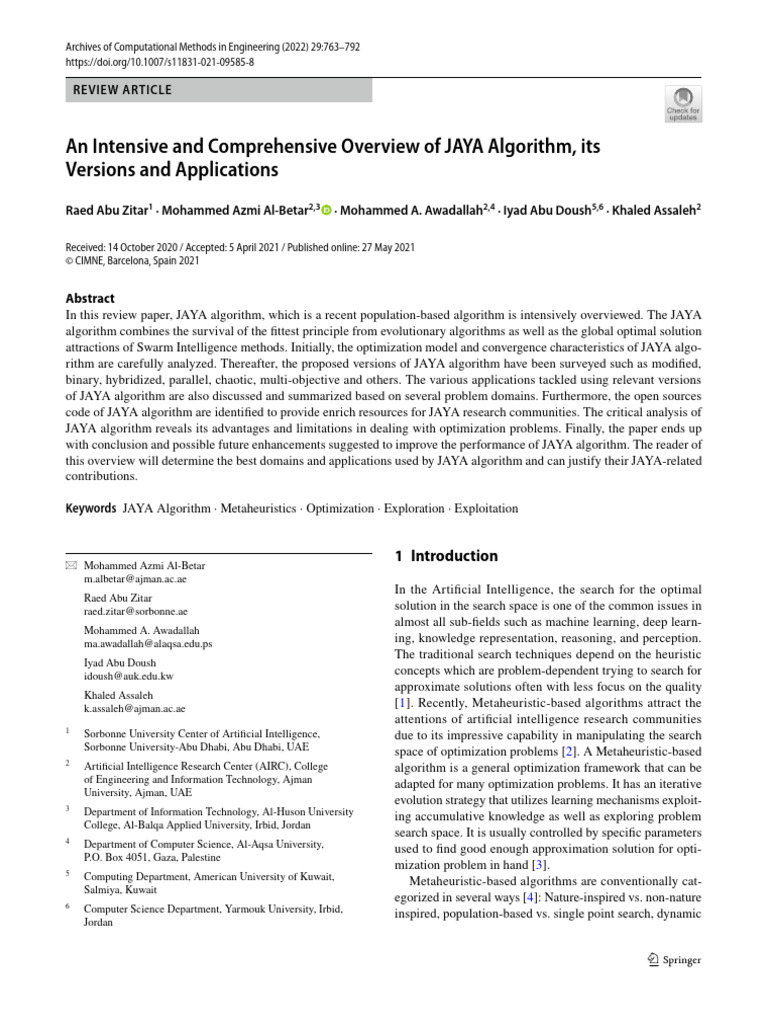 An Intensive and Comprehensive Overview of JAYA Algorithm, Its Versions and Applications | PDF ...