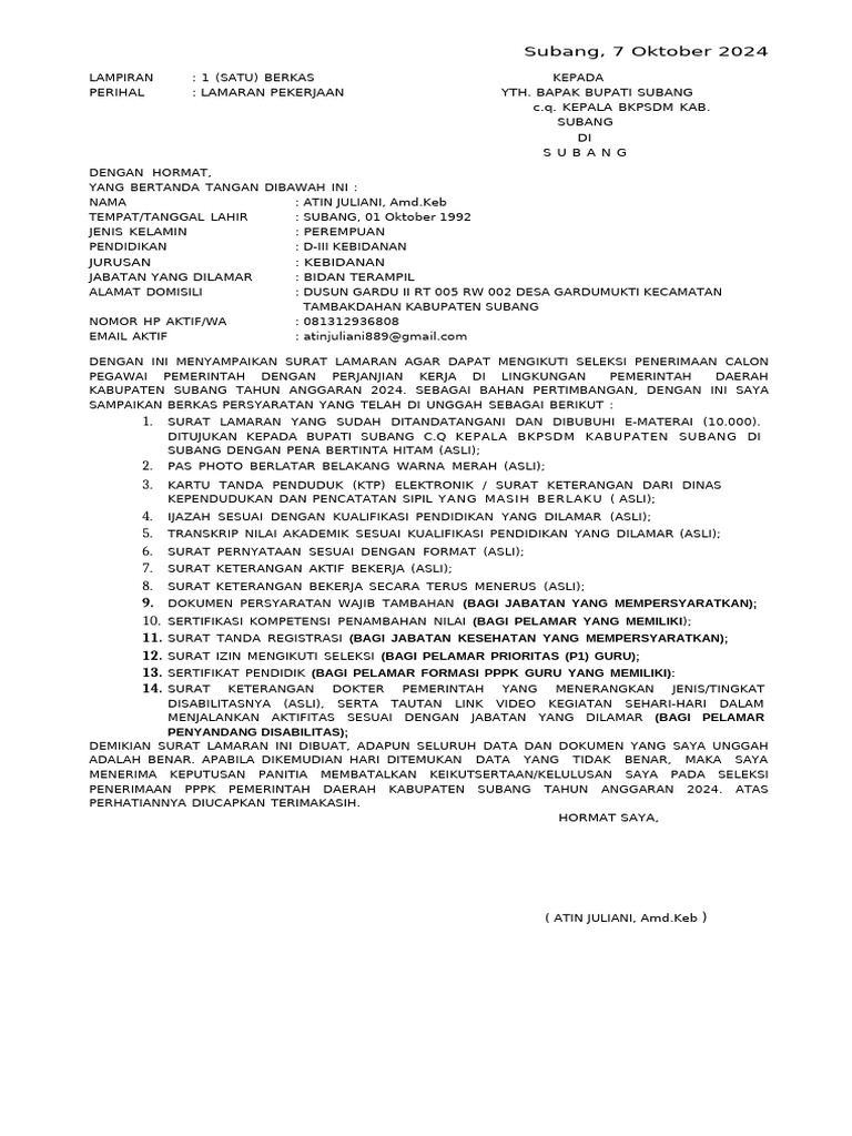 Surat Surat P3k HJ Atin | PDF