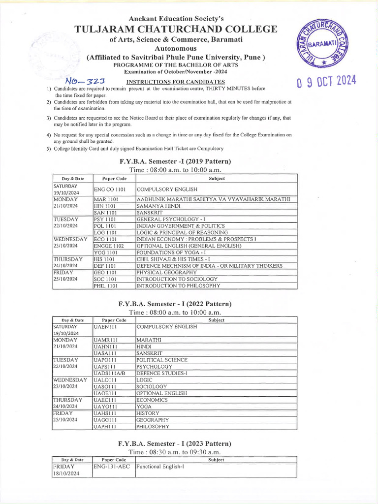 Time Table Sem I III V Oct-2024 | PDF