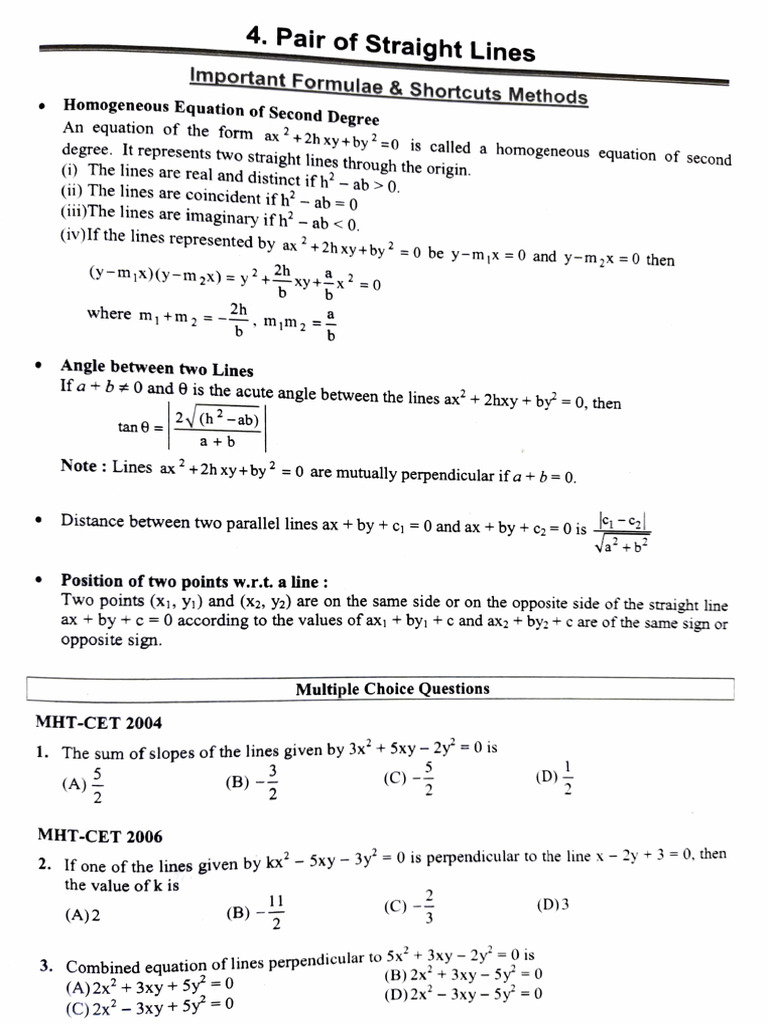 Pair of Straight Lines MHT-CET PDF Notes by Dinesh Sir | PDF | Line ...