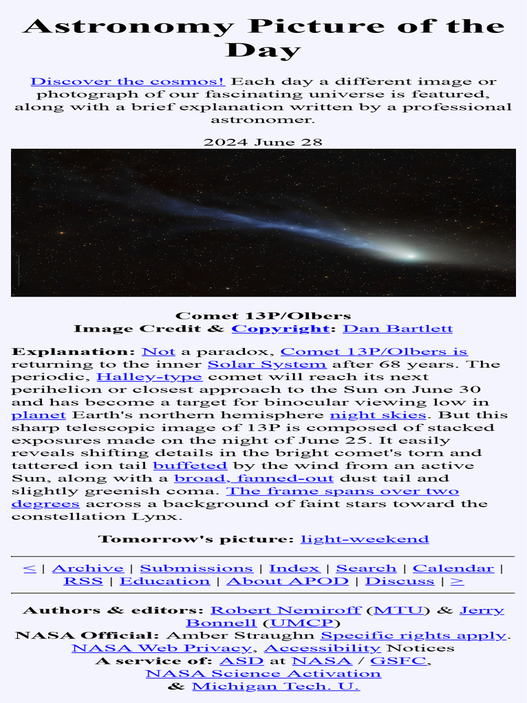 APOD 2024 June 28 - Comet 13POlbers | PDF | Young Adult