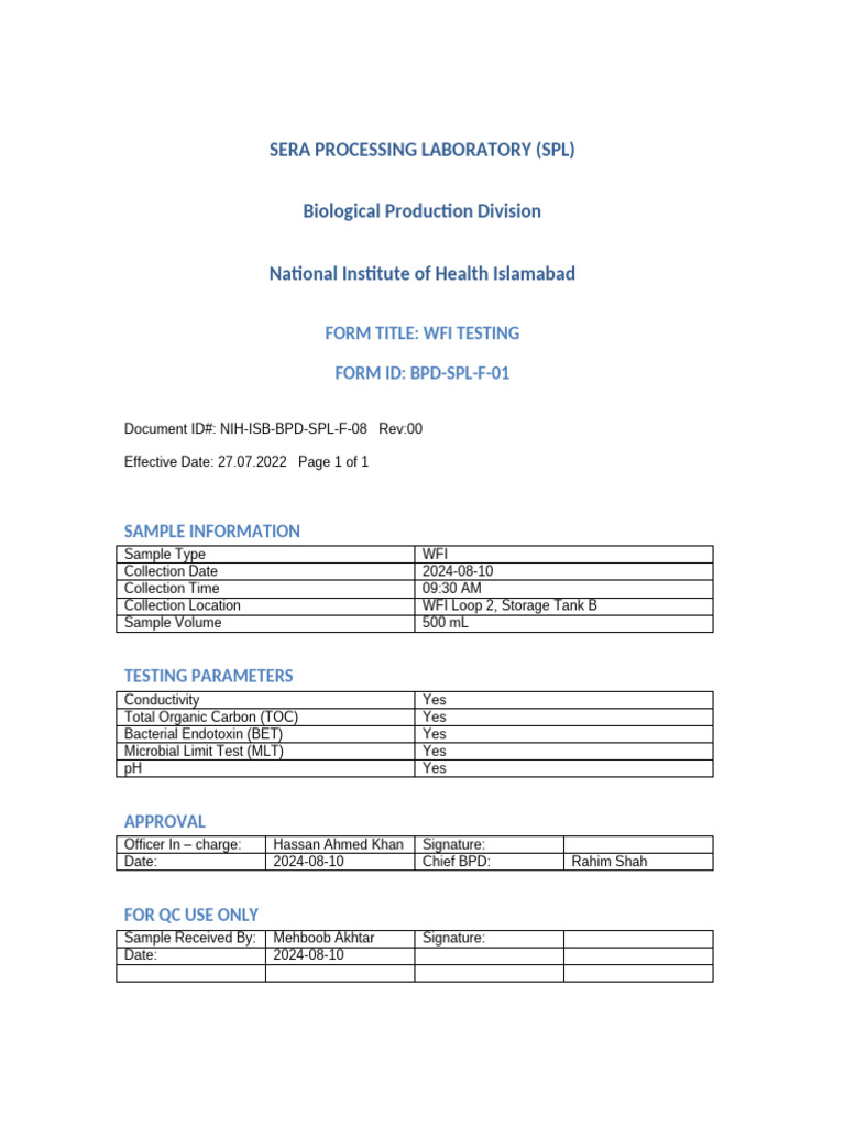 WFI Water Testing Request Form Sample NIH | PDF