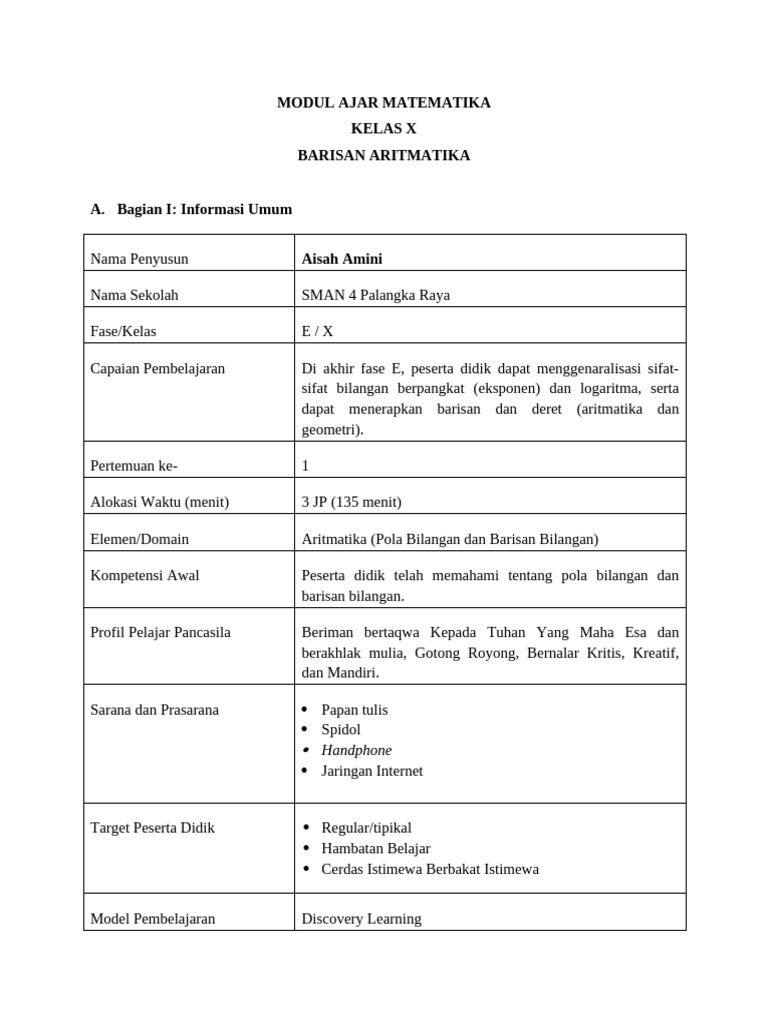 Modul Ajar Barisan Aritmatika Kelas X | PDF | Karier & Perkembangan