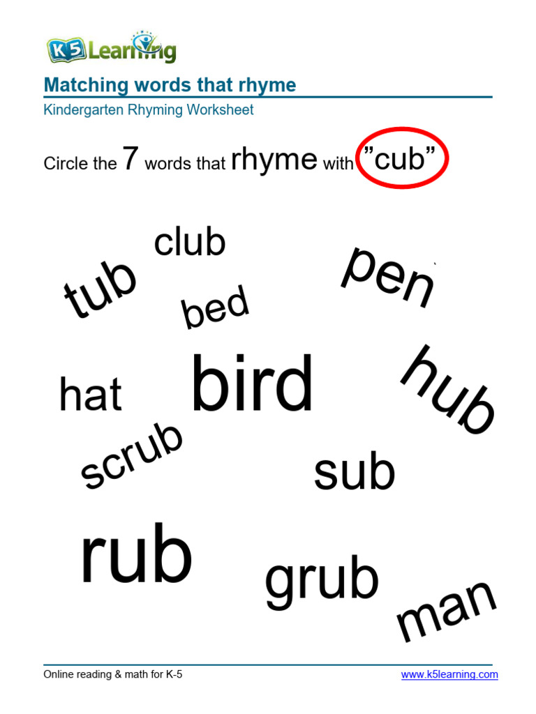 Kindergarten Rhyming Worksheet Word Rhyme Group 6 | PDF