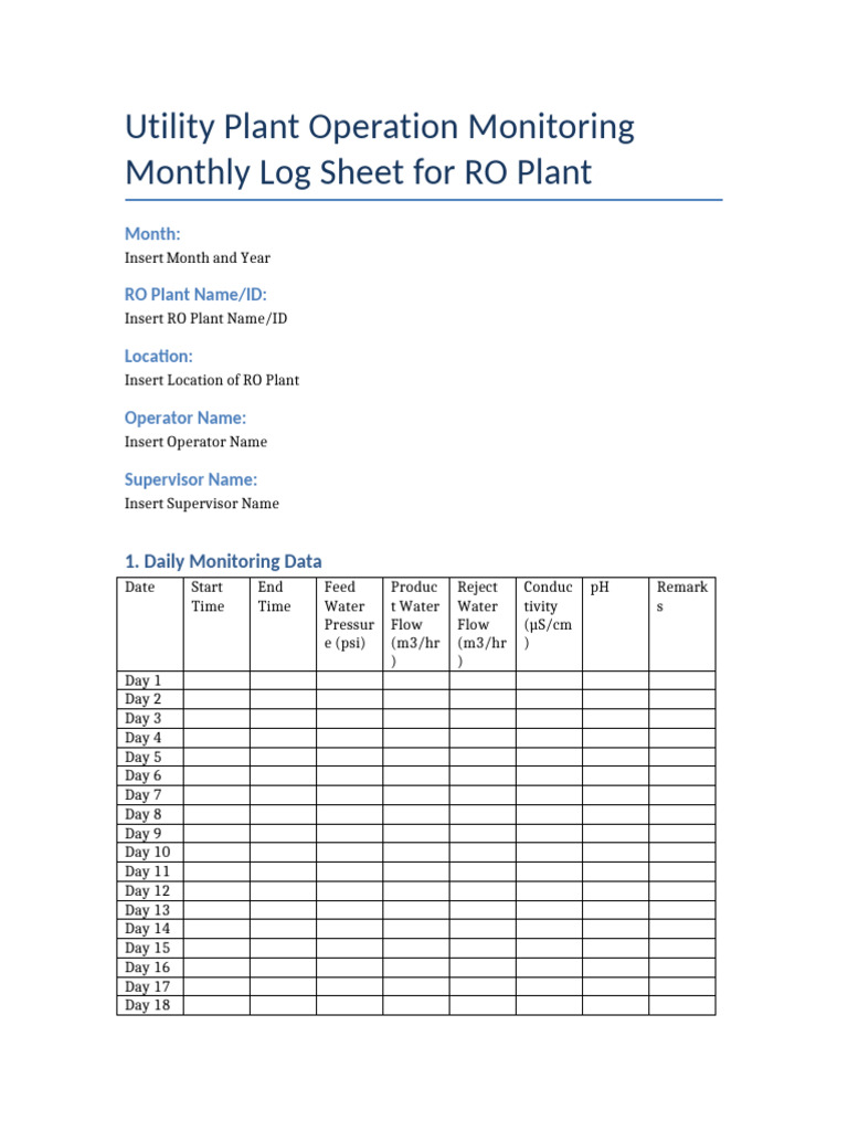 Utility Plant Operation Monitoring Monthly Log Sheet For RO Plant | PDF ...