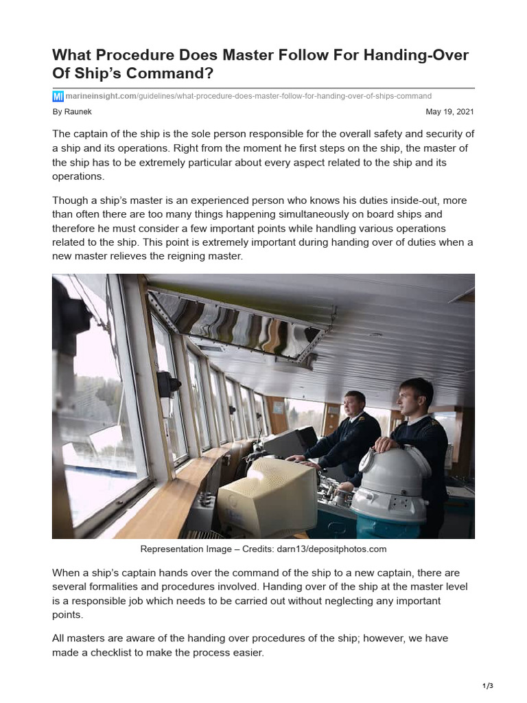 What Procedure Does Master Follow For Handing-Over of Ships Command ...