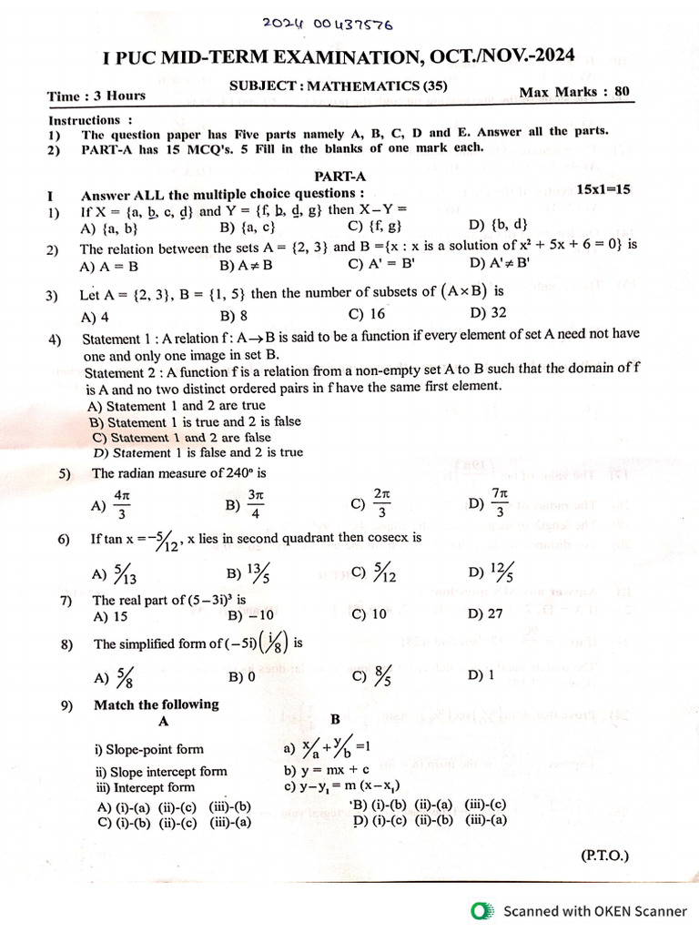 Math Midterm QP | PDF