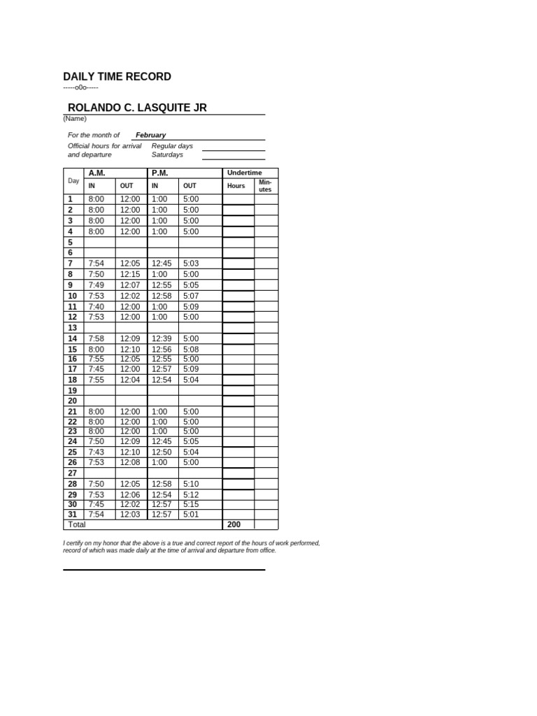 Sample Daily Time Record DTR | PDF