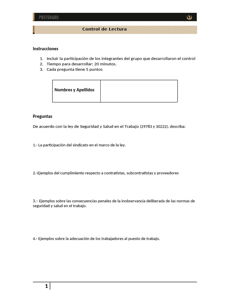 Control de Lectura sobre Seguridad Laboral | PDF