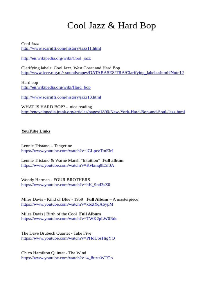 Cool Jazz & Hard Bop Links | PDF | Popular Music | Jazz