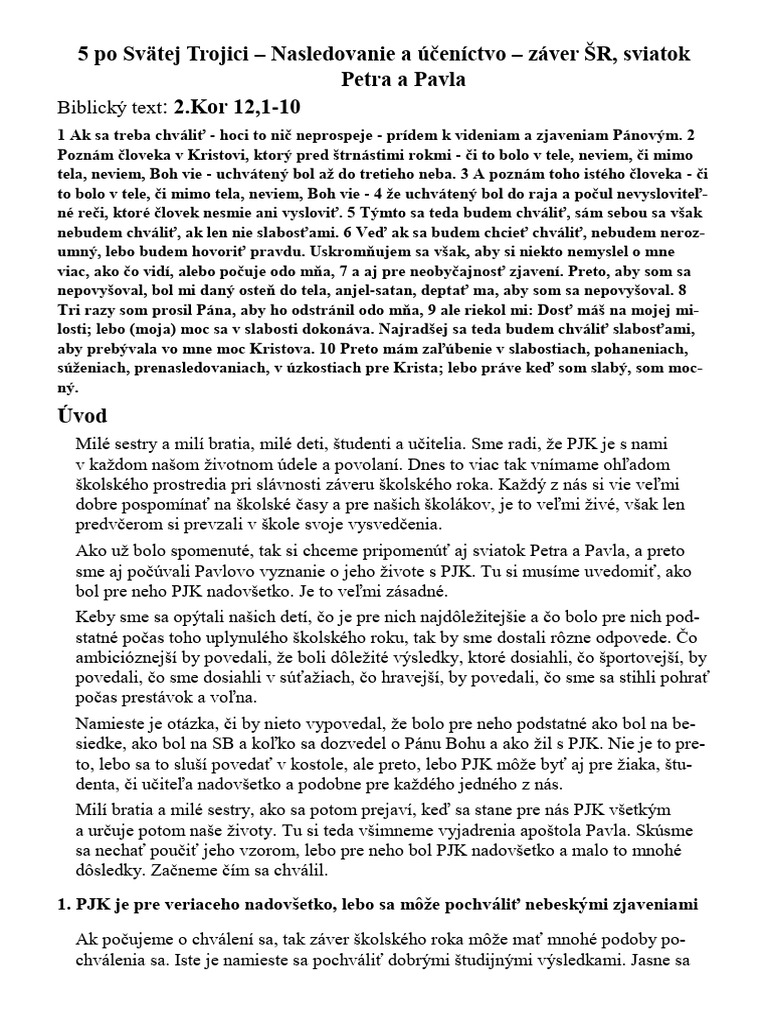 5 Po Svätej Trojici Nasledovanie A Účeníctvo Záver ŠR, Sviatok Petra A Pavla 2.kor 12,1 10 | PDF