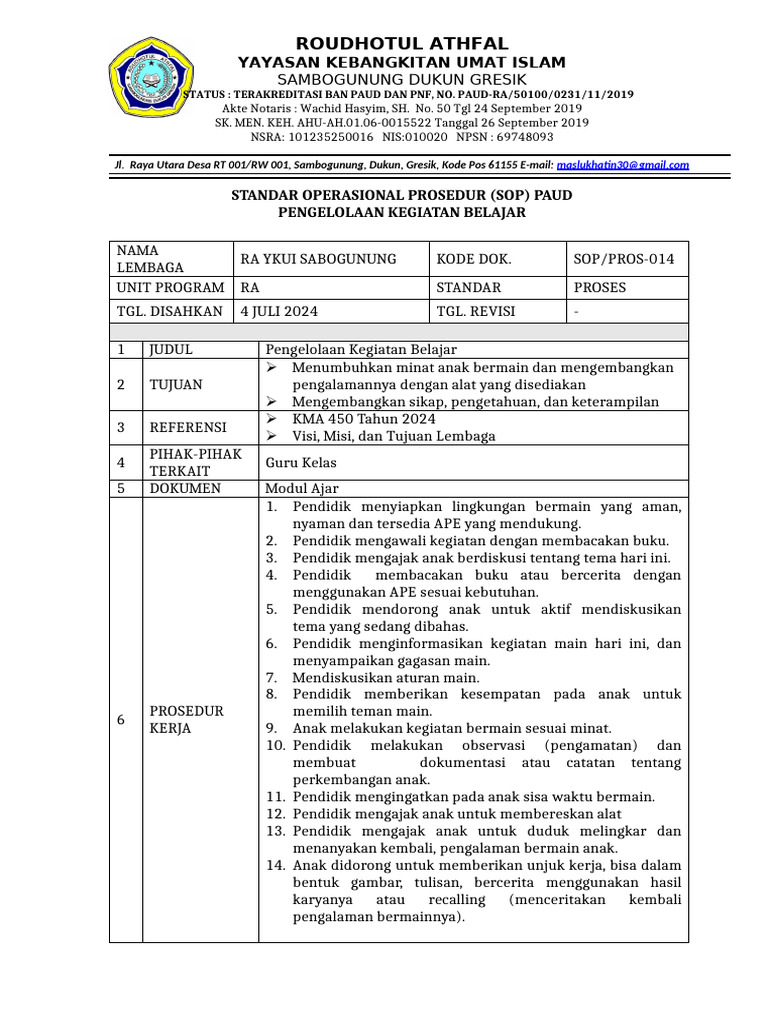 SOP Pengelolaan Kegiatan Belajar PAUD | PDF