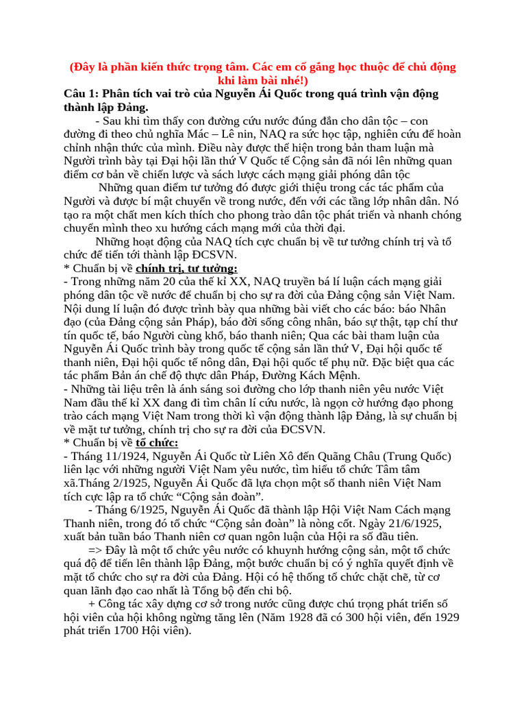 THAM KHẢO KIẾN THỨC TRỌNG TÂM LSVN | PDF