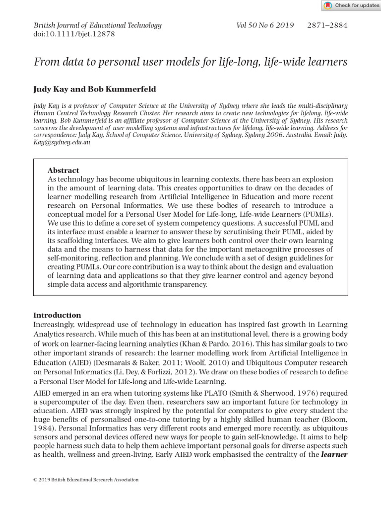Kay & Kummerfeld, 2019 From Data To Personal User Models For Life Long Life Wide Learners | PDF ...