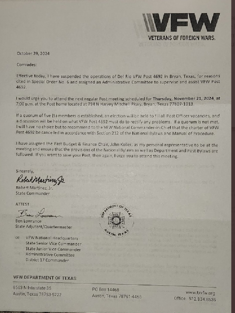 Bryan VFW Post Facing Suspension by State | PDF