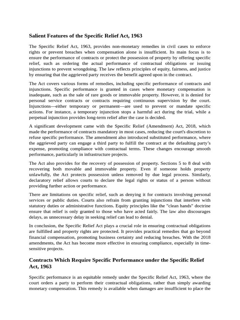 Salient Features of The Specific Relief Act | PDF | Legal Remedy | Injunction