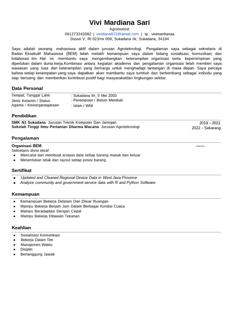 CV ATS Vivi Mardiana Sari | PDF