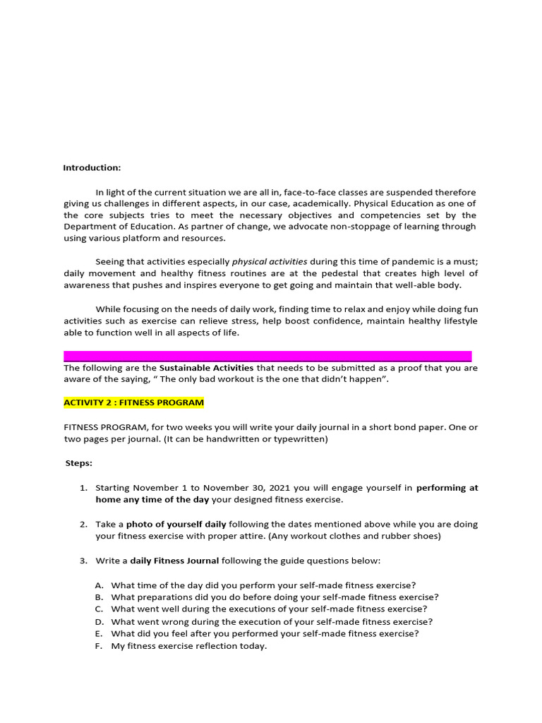 Fitness Journal for PE Activity 2.1 | PDF | Physical Fitness | Physical ...