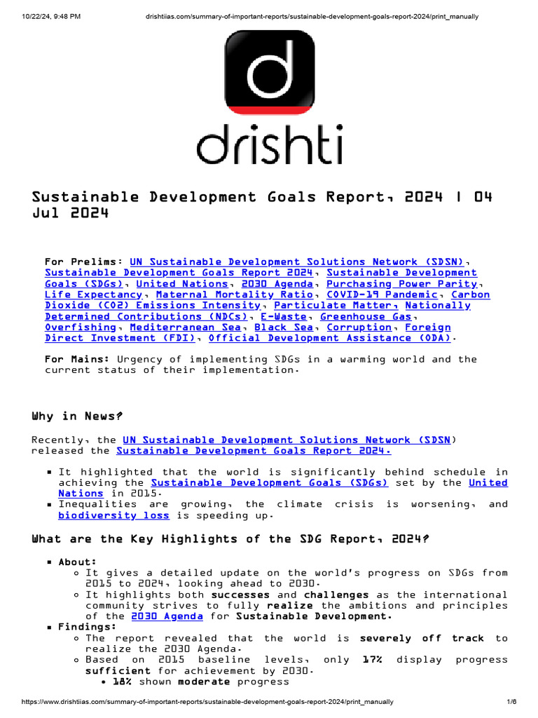 Summary of Important Reports - Sustainable Development Goals Report ...