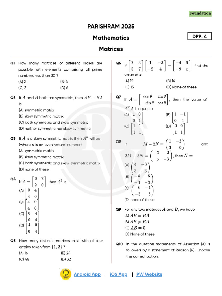 Matrices DPP 04 (Of Lec 05) Parishram 2025 | PDF