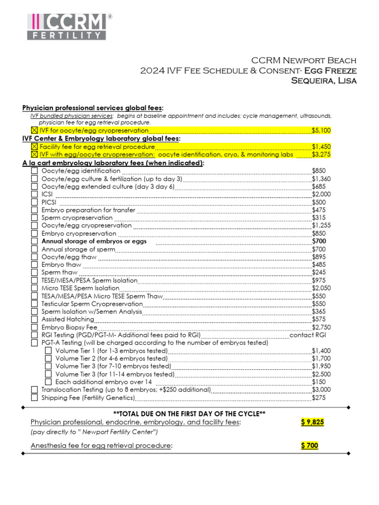 Sequeira, Lisa Cash Egg Cryo Estimate 012424 | PDF | In Vitro ...