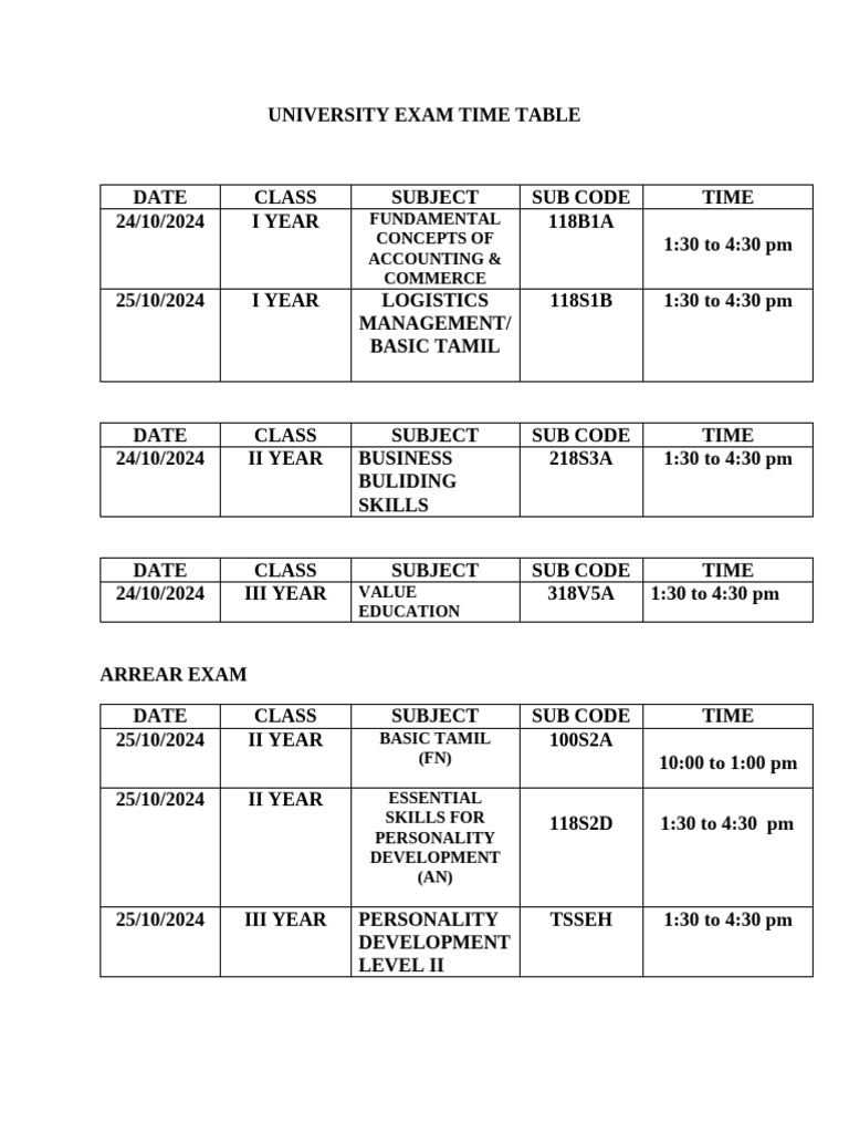 University Exam Time Table | PDF