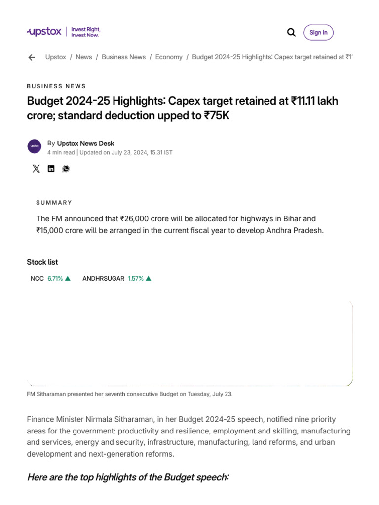 Budget 2024-25 Highlights - Capex Target Retained at 11.11 Lakh Crore Standard Deduction Upped ...