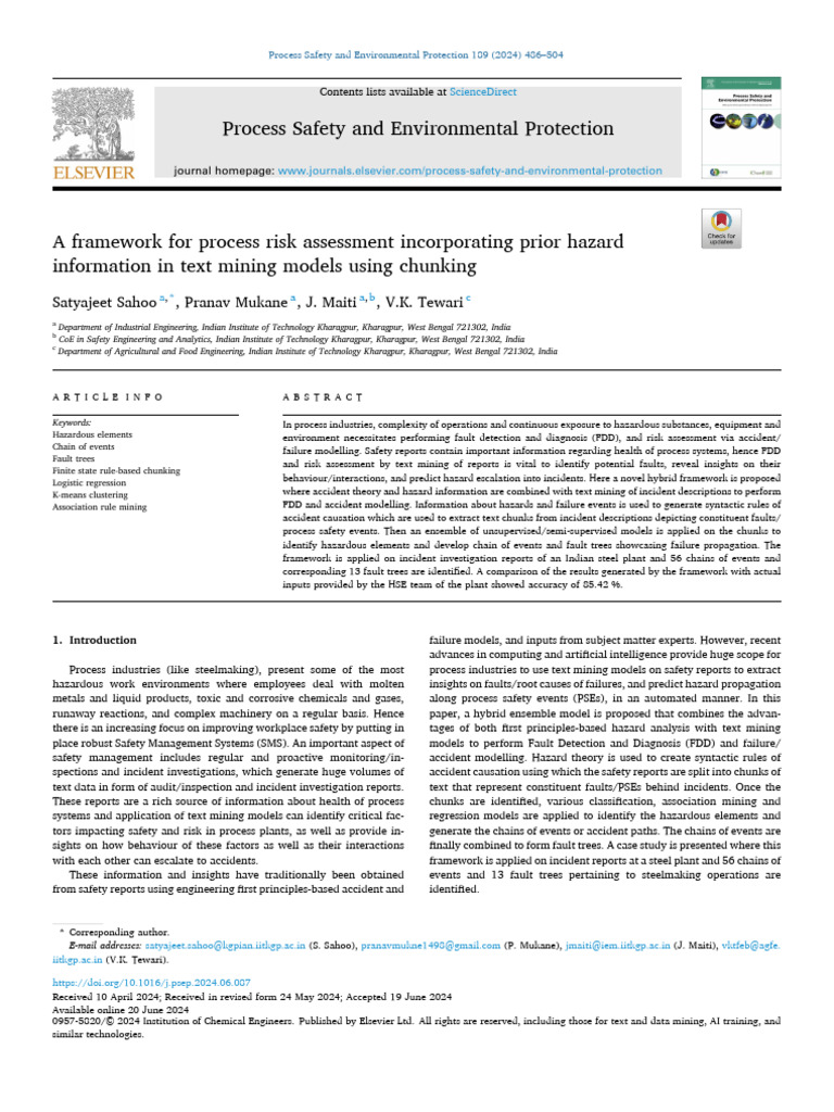 A framework for process risk assessment incorporating prior hazard ...