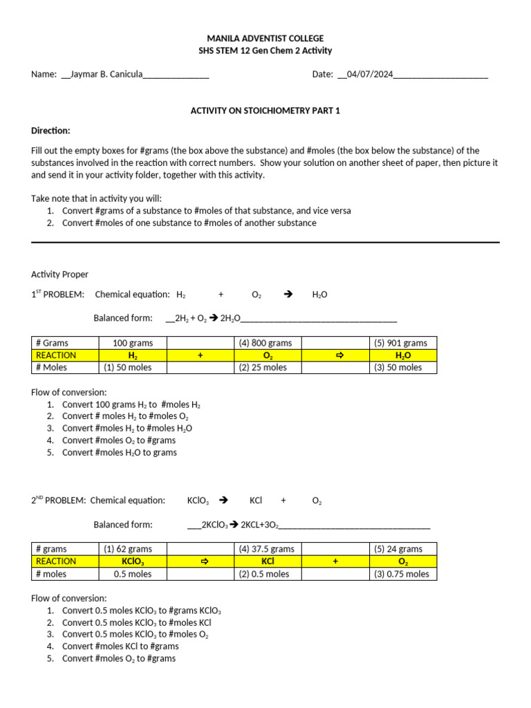Canicula Stoichiometry activity | PDF | Mole (Unit) | Stoichiometry