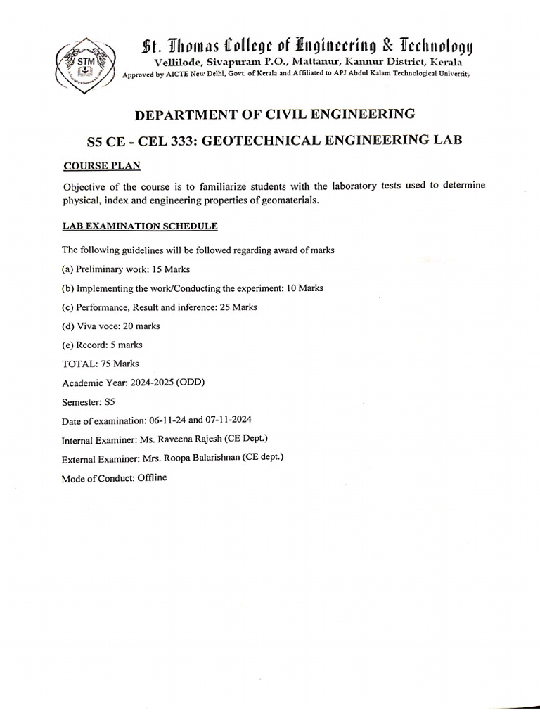 Geotechnical Engineering Lab - Internal Examination Schedule | PDF