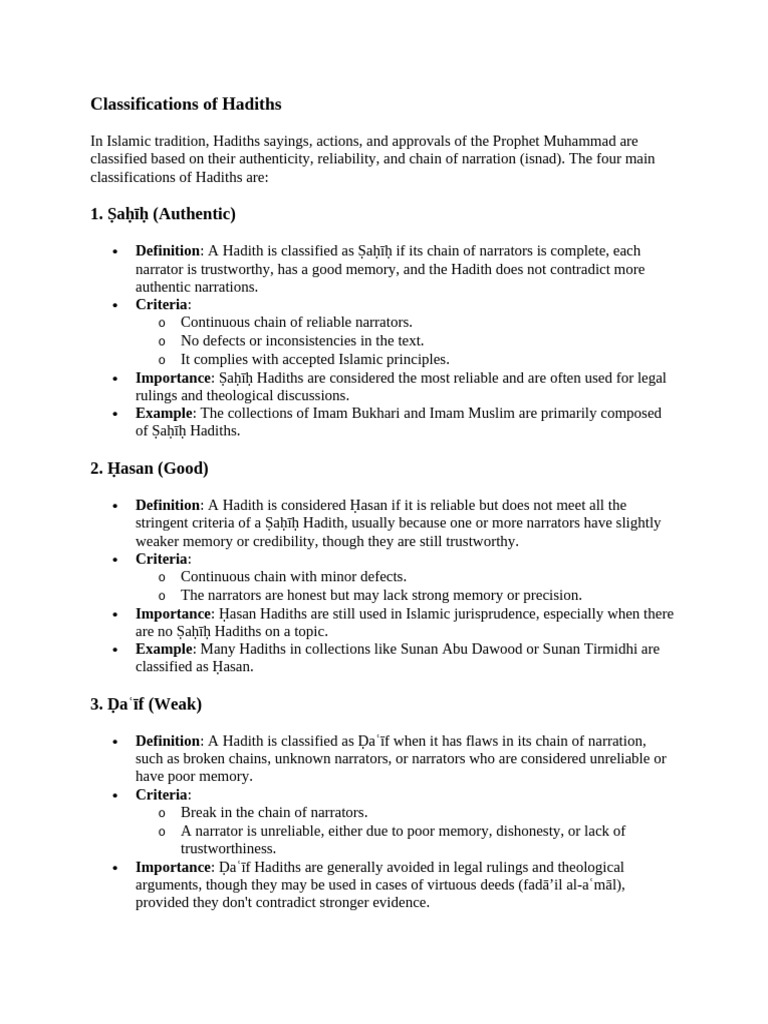 58505Classifications of Hadiths | PDF | Hadith | Islamic Ethics