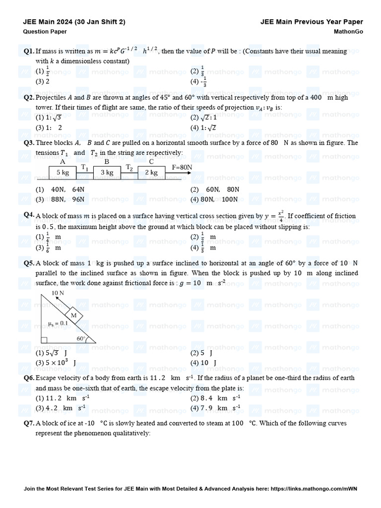 JEE Main 2024 (30 Jan Shift 2) Previous Year Paper With Answer Keys - MathonGo | PDF ...