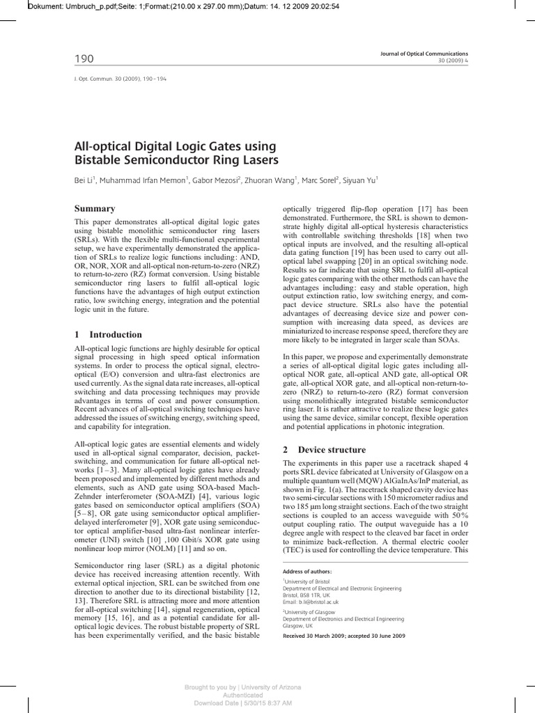 All Optical Digital Logic Gates Using Bi | PDF | Logic Gate | Laser