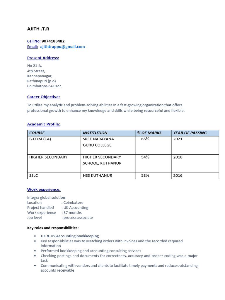 AJITH TR-Resume | PDF | Bookkeeping | Computing