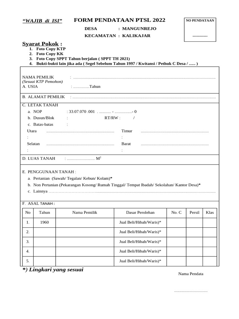 Form Pendataan PTSL 2022 | PDF