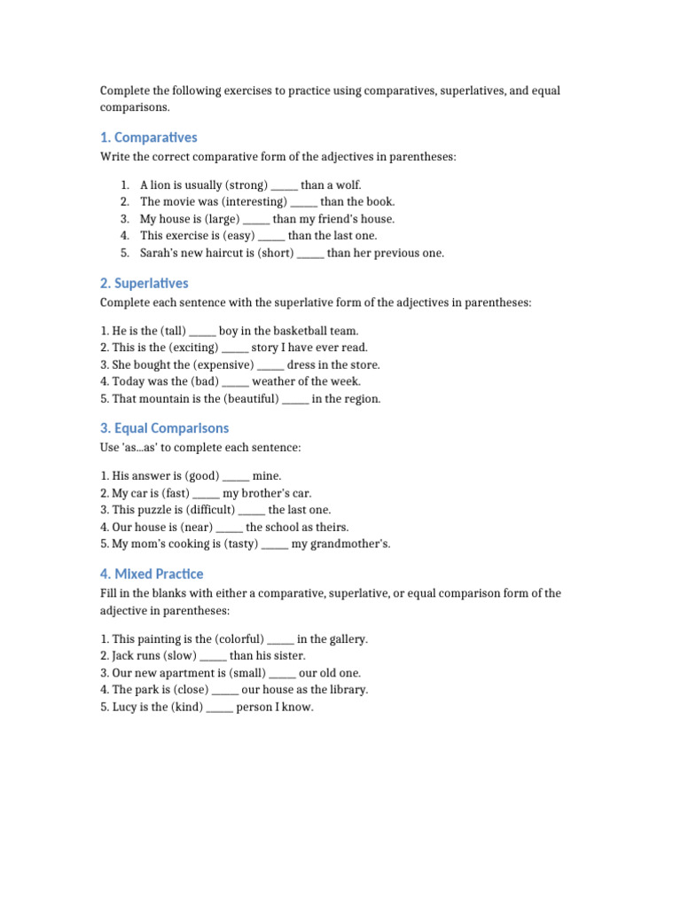 Practice Exercises for Comparatives and Superlatives | PDF