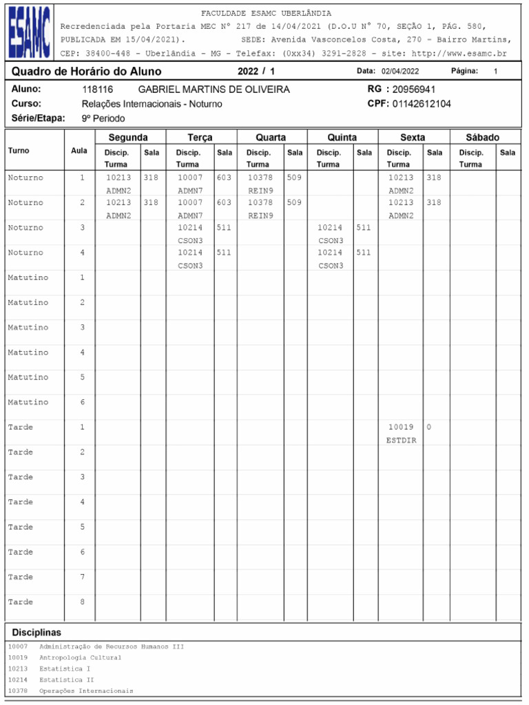 Grade Horária | PDF