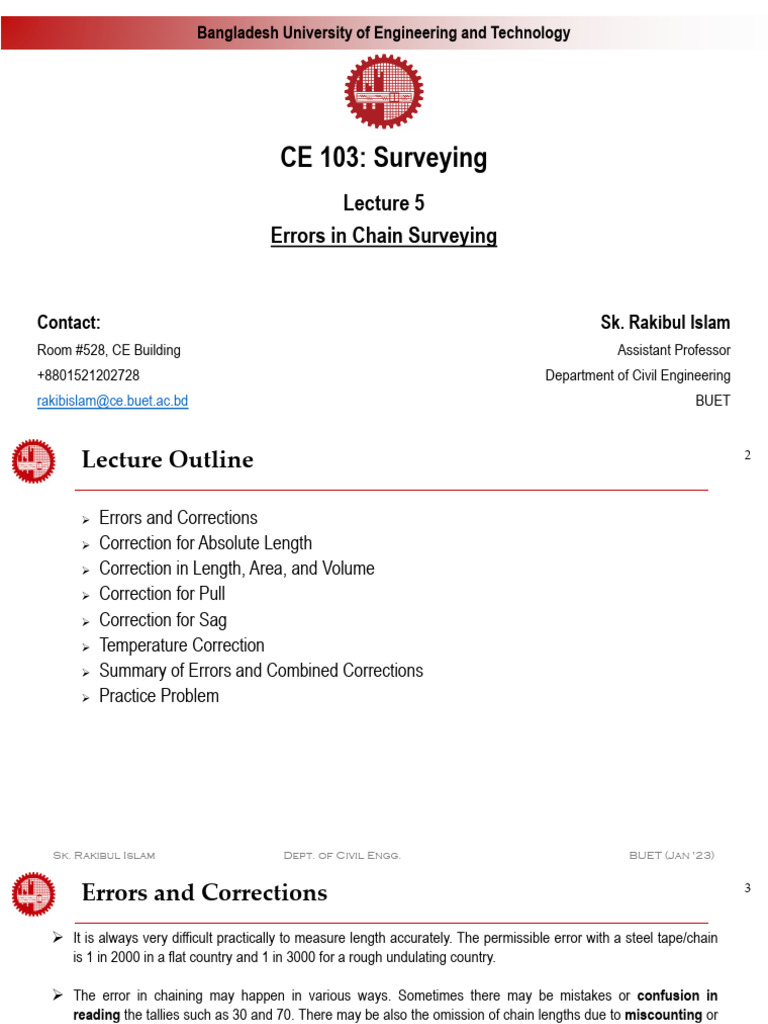 CE 103 - L5 - Errors in Chain Surveying | PDF | Surveying | Thermal Expansion