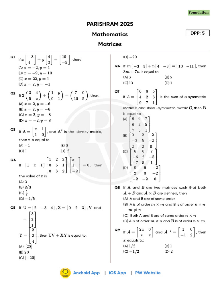 Matrices DPP 05 (Of Lec 06) Parishram 2025 | PDF | Mathematical Analysis | Operator Theory