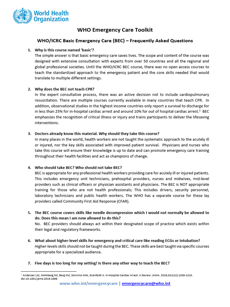 bec_faq | PDF | Emergency Department | Cardiopulmonary Resuscitation