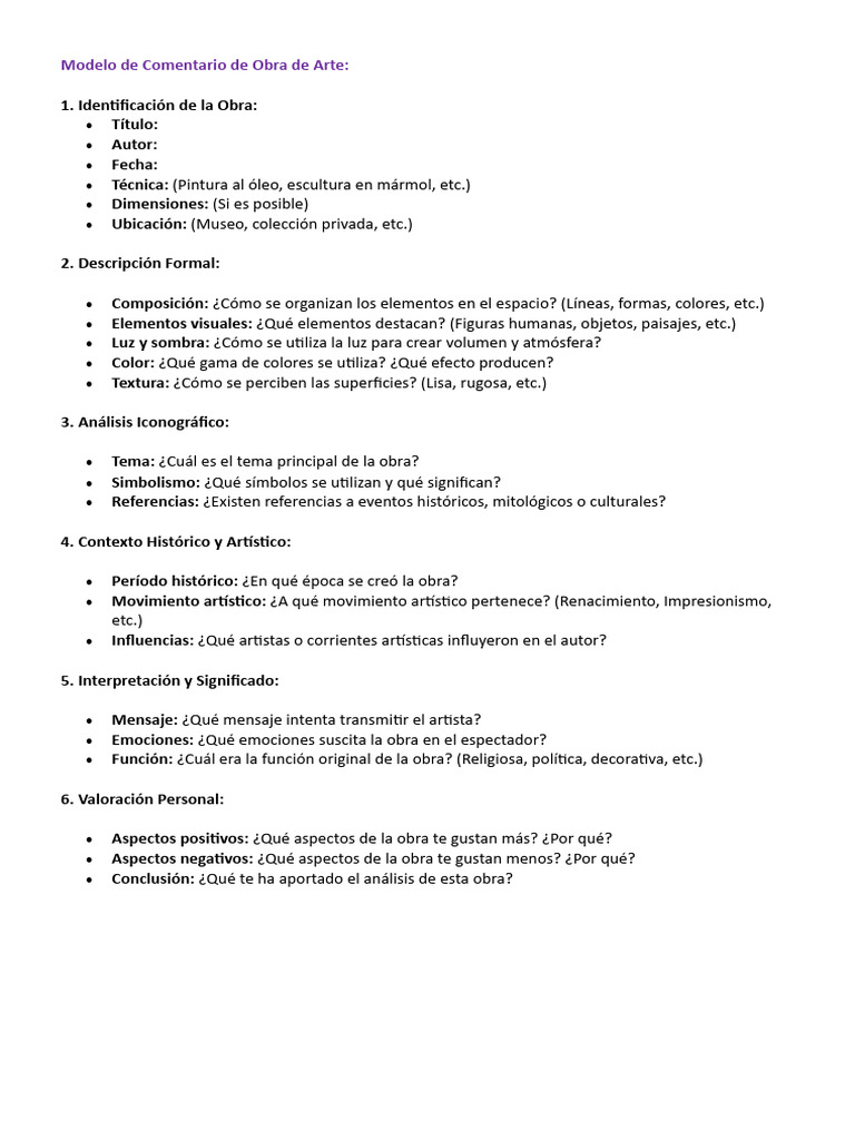 Modelo De Comentario De Obra De Arte Pdf Las Artes