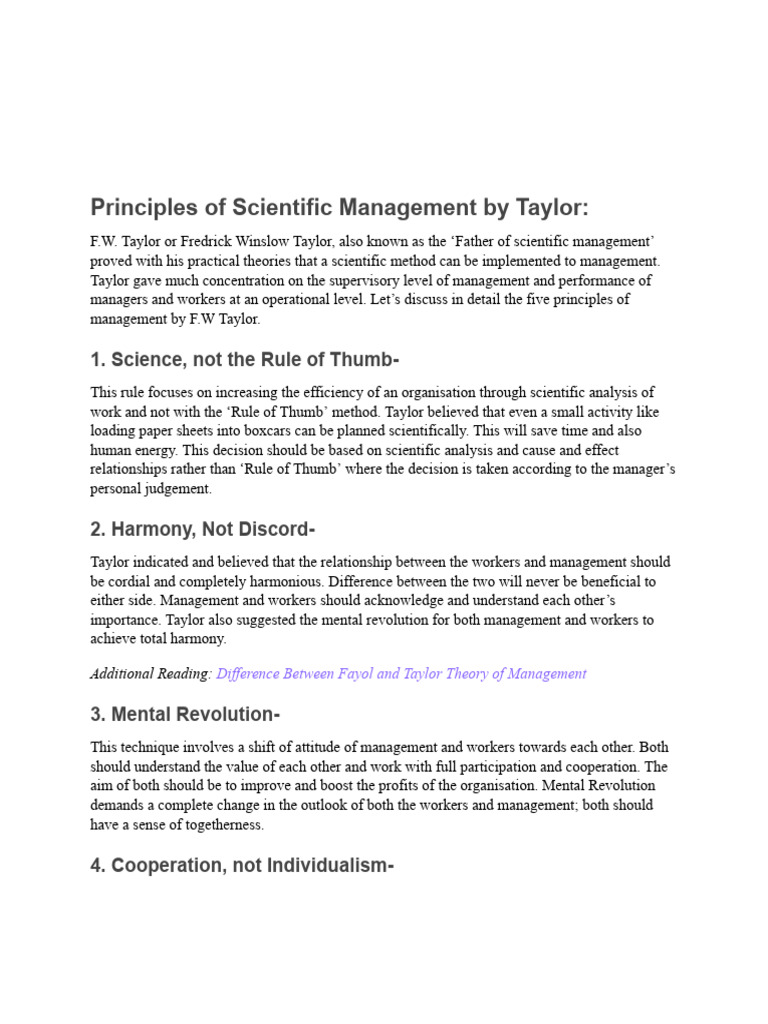 FW Taylor Principles of Scientific Management | PDF | Business