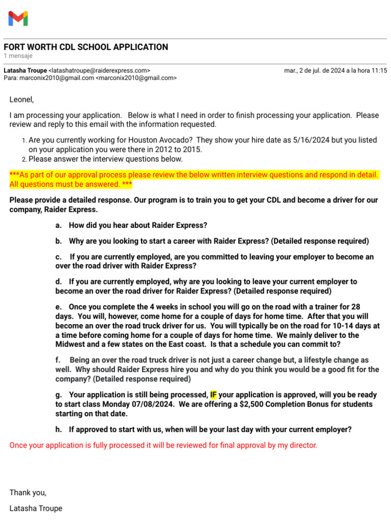 Gmail - FORT WORTH CDL SCHOOL APPLICATION | PDF | Business