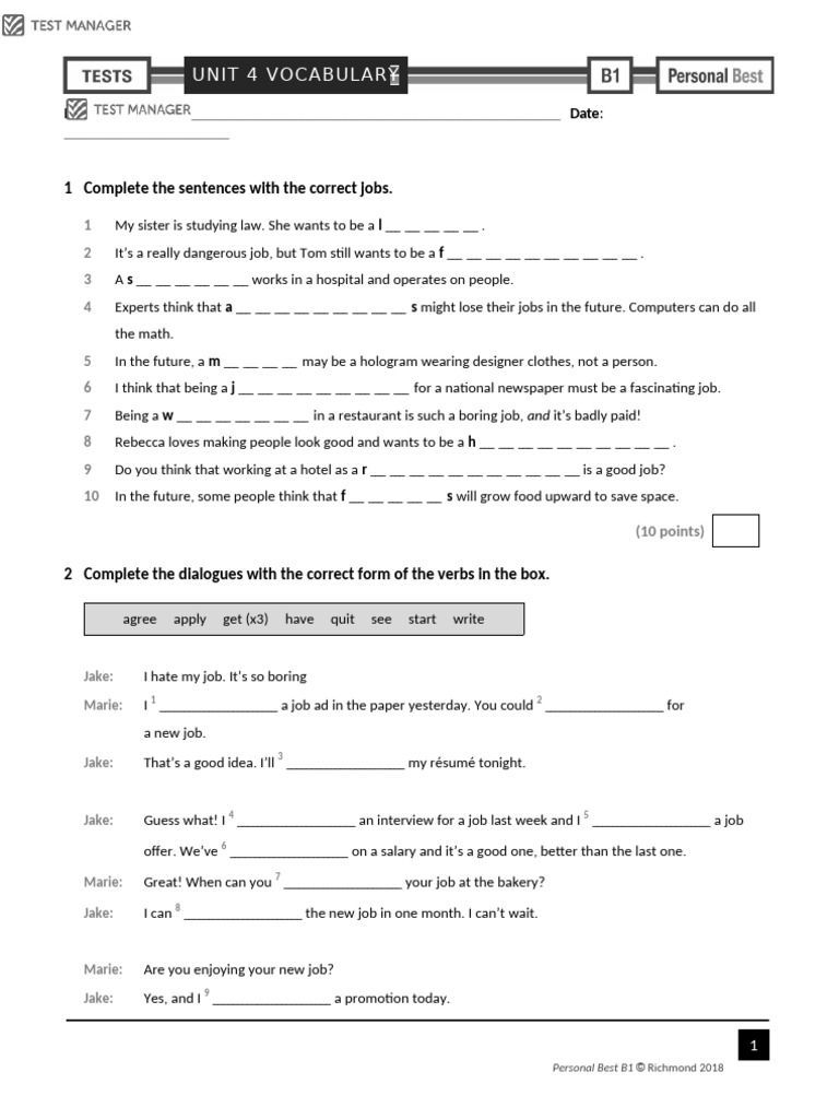 Personal Best B1 AmE Unit 4 Vocabulary Test | PDF